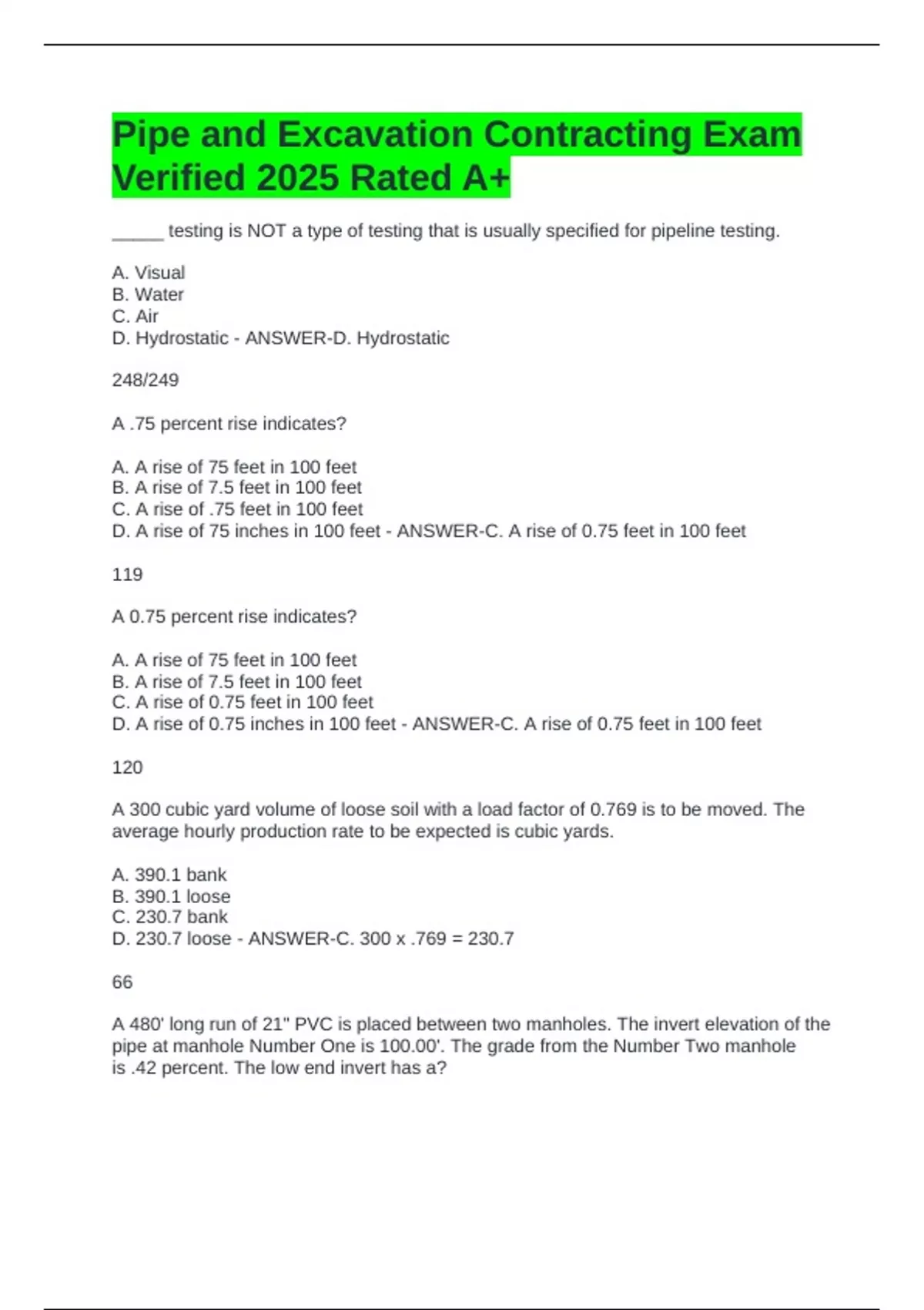 Pipe and Excavation Contracting Exam Verified 2025 Rated A+ - Pipe and ...