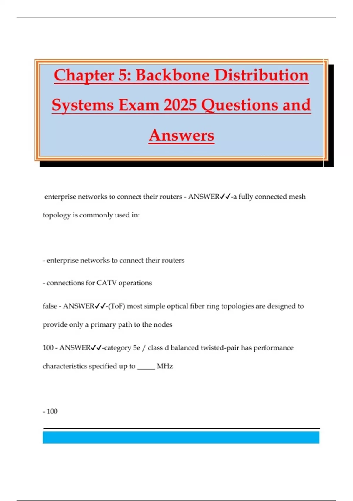 Chapter 5: Backbone Distribution Systems Exam 2025 Questions and Answers - RCDD - Stuvia US