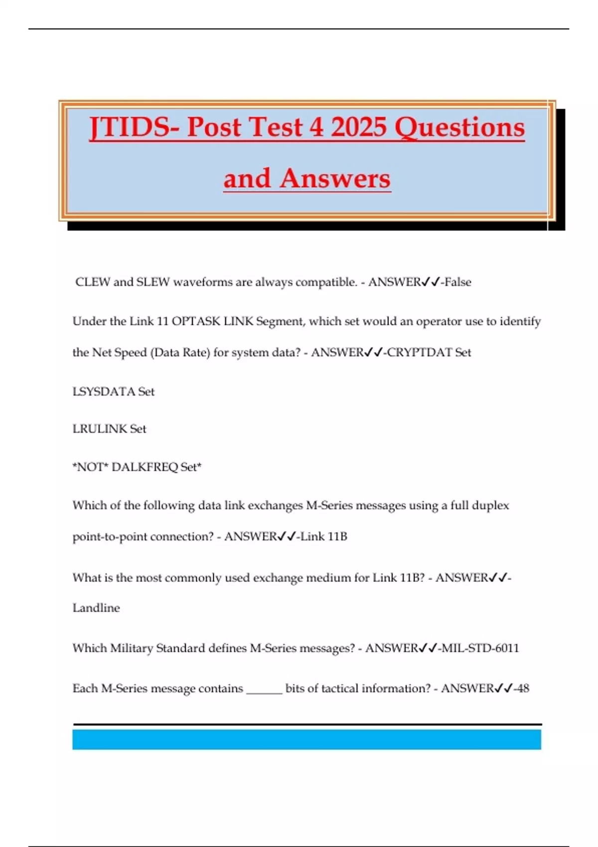 JTIDS- Post Test 4 2025 Questions and Answers - JTIDS - Stuvia US