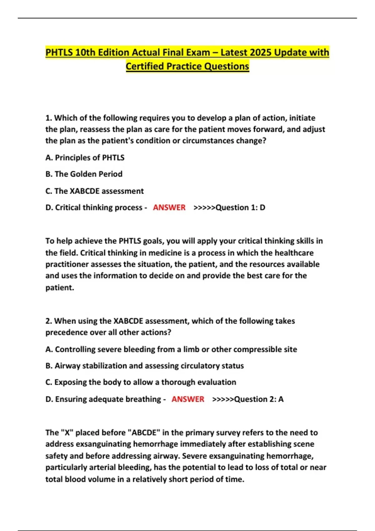PHTLS 10th Edition Actual Final Exam – Latest 2025 Update with ...