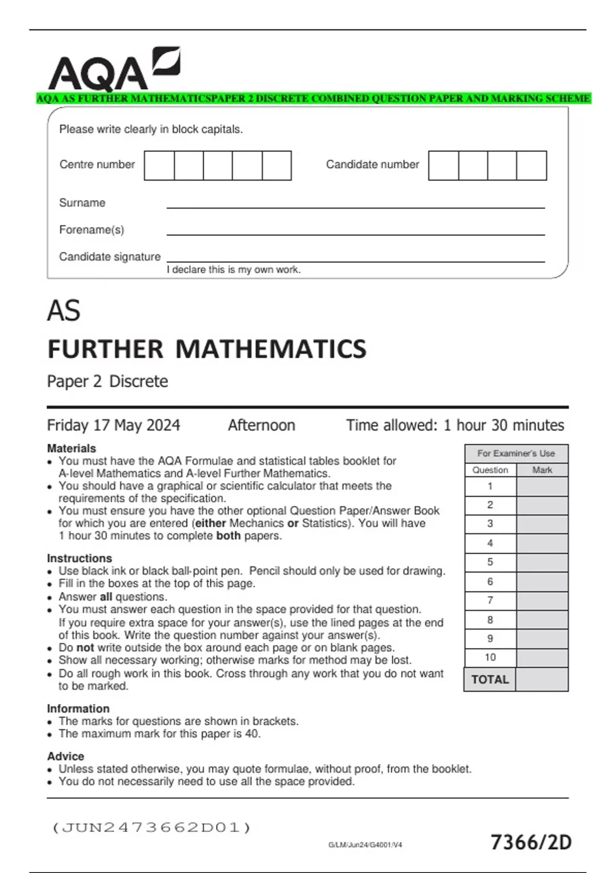 AQA AS FURTHER MATHEMATICSPAPER 2 DISCRETE COMBINED QUESTION PAPER AND ...