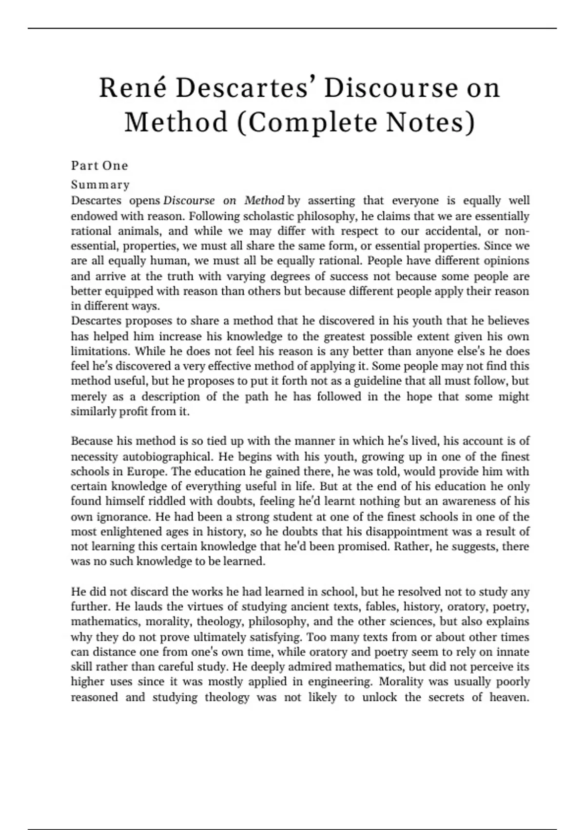 Summary René Descartes' Discourse on Methods (The Complete Notes ...