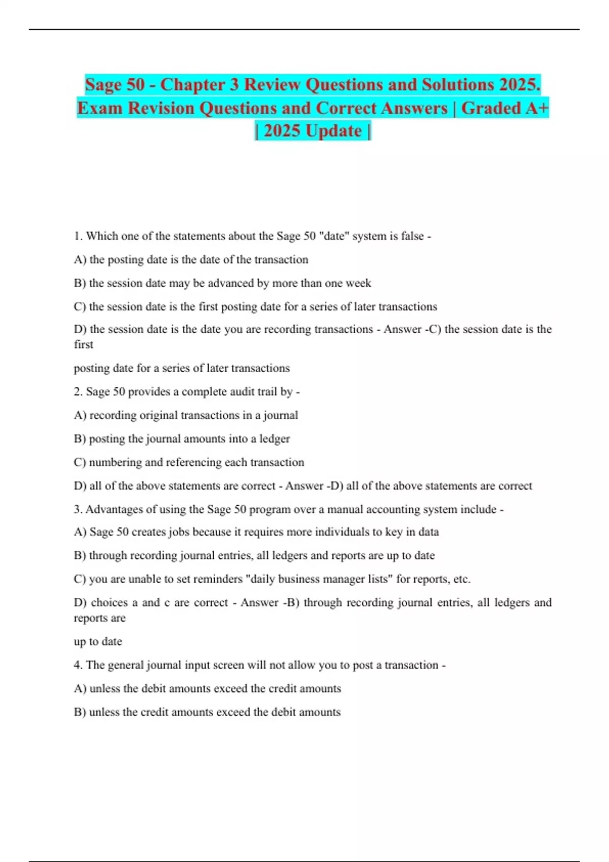 Sage 50 - Chapter 3 Review Questions and Solutions 2025. Exam Revision ...