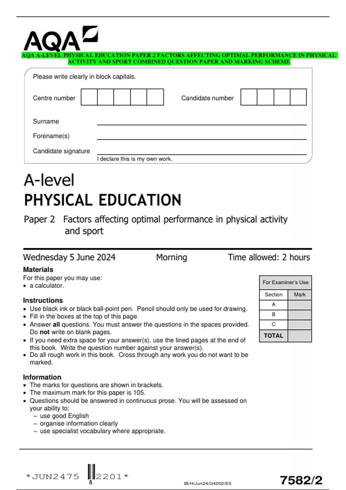 AQA A-LEVEL PHYSICAL EDUCATION PAPER 2 FACTORS AFFECTING OPTIMAL ...