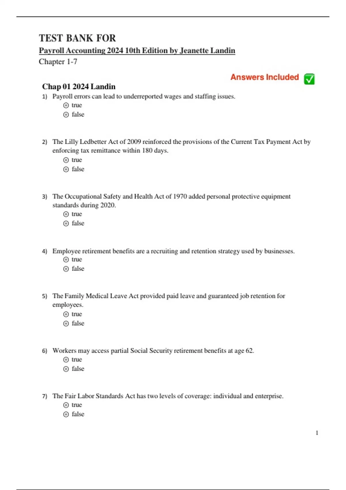 Test Bank -Payroll Accounting 2025, 10th Edition (Landin), All Chapters ...