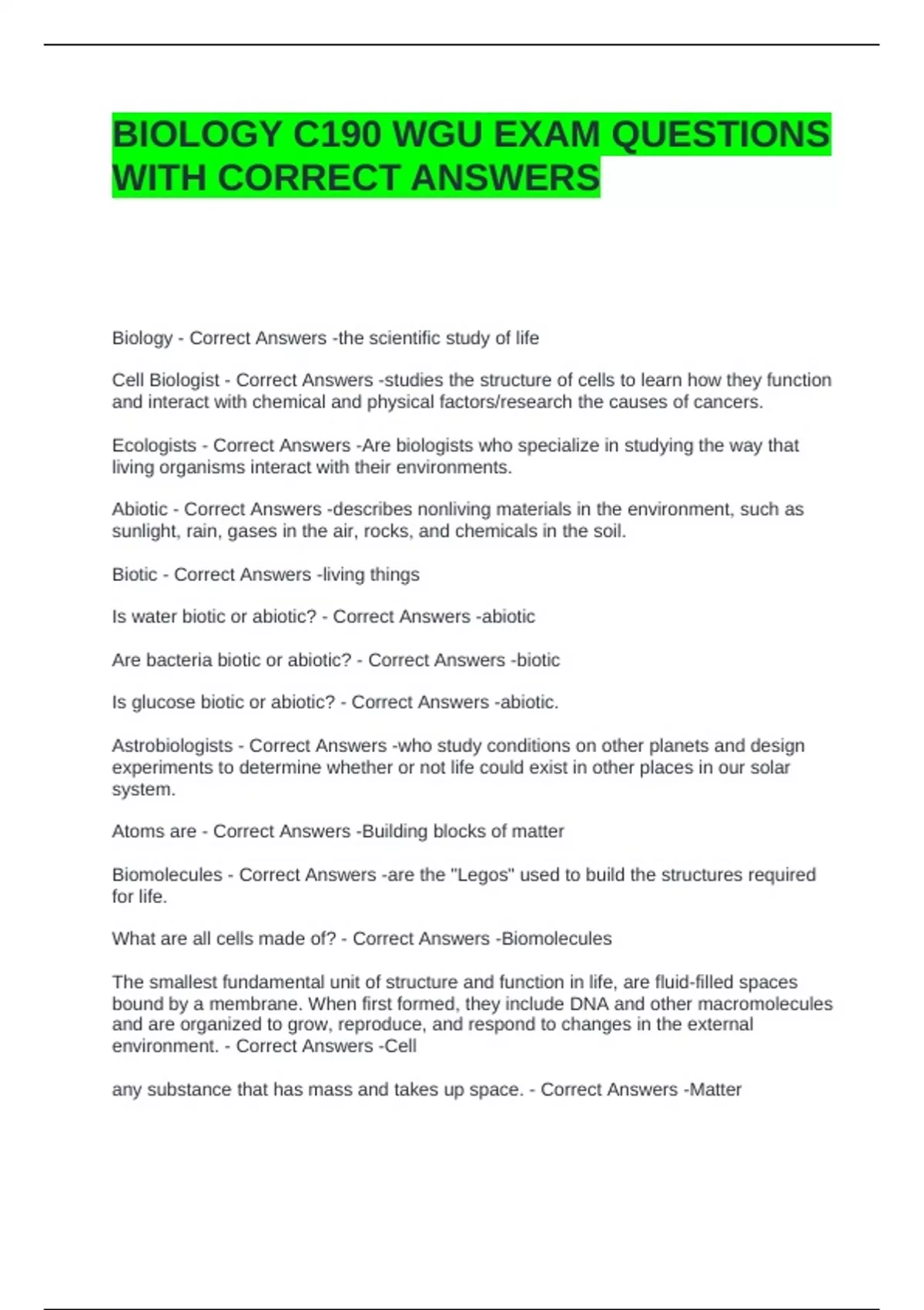 BIOLOGY C190 WGU EXAM QUESTIONS WITH CORRECT ANSWERS - WGU C190 - Stuvia US