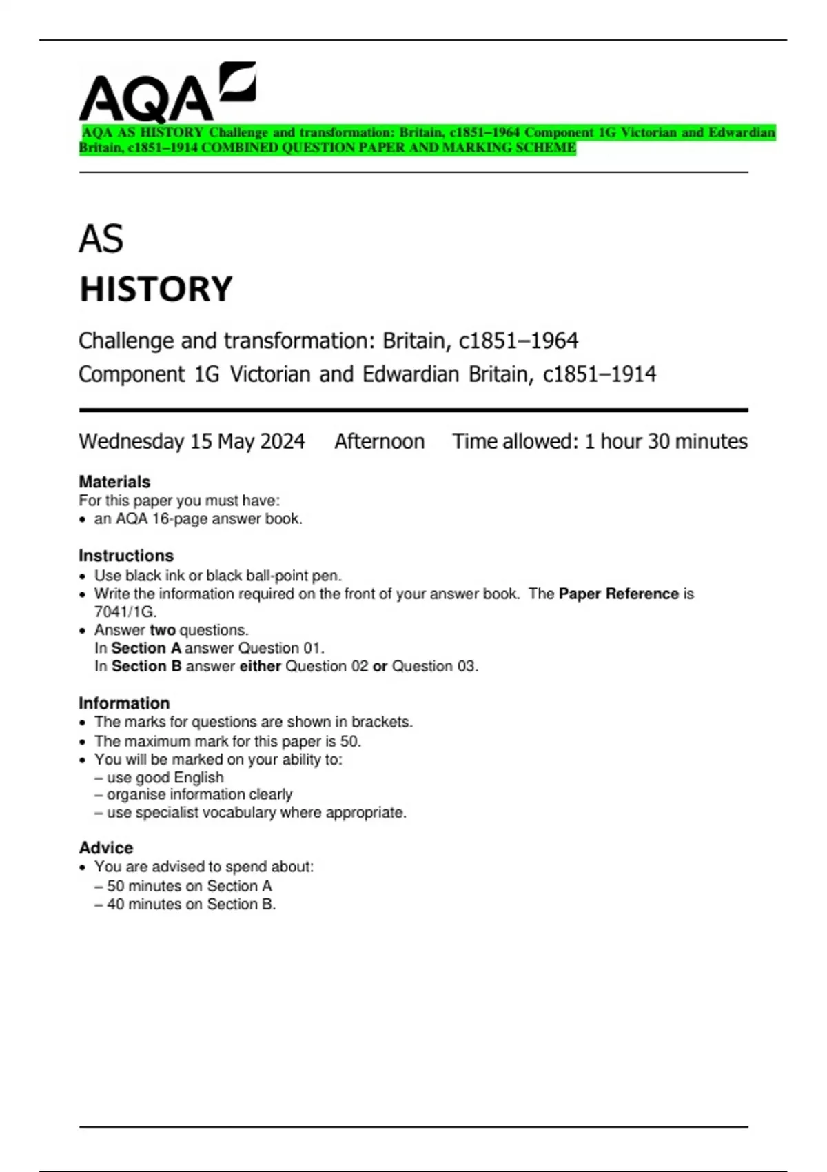 AQA AS HISTORY Challenge and transformation: Britain, c1851–1964 ...