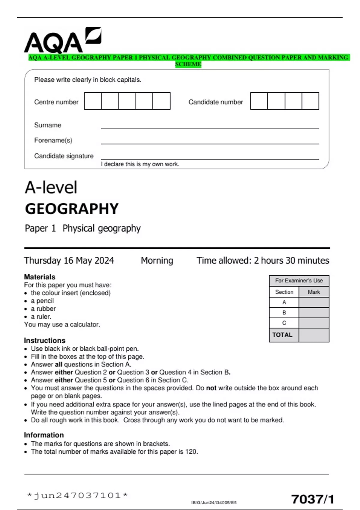 AQA A-LEVEL GEOGRAPHY PAPER 1 PHYSICAL GEOGRAPHY COMBINED QUESTION ...
