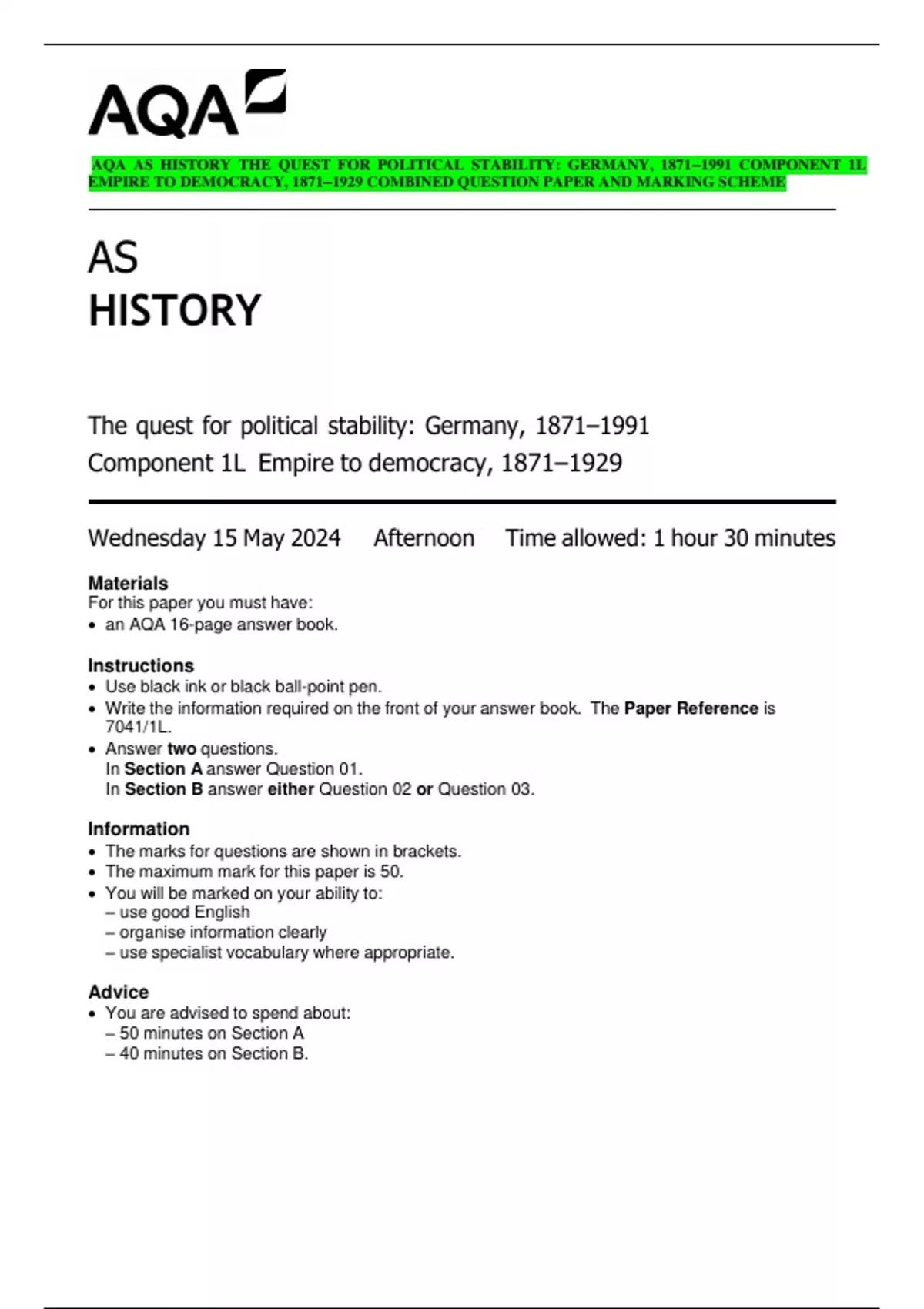 AQA AS HISTORY THE QUEST FOR POLITICAL STABILITY: GERMANY, 1871–1991 ...