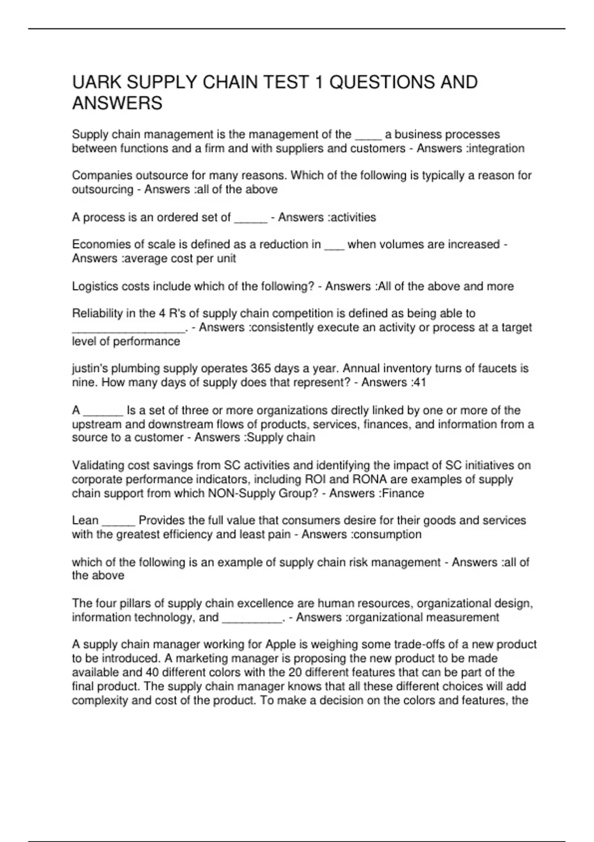 UARK SUPPLY CHAIN TEST 1 QUESTIONS AND ANSWERS - UARK SUPPLY CHAIN ...