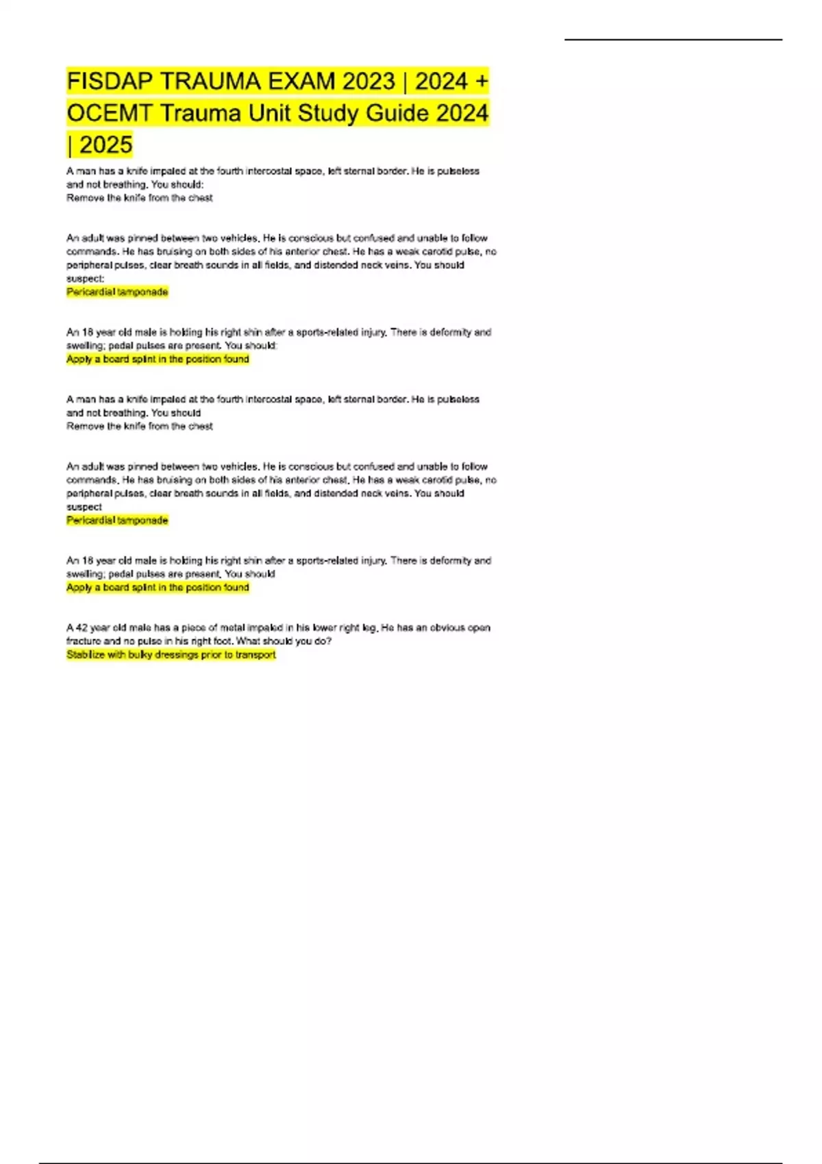 FISDAP ) TRAUMA EXAM 2025 + OCEMT Trauma Unit Study Guide Questions ...