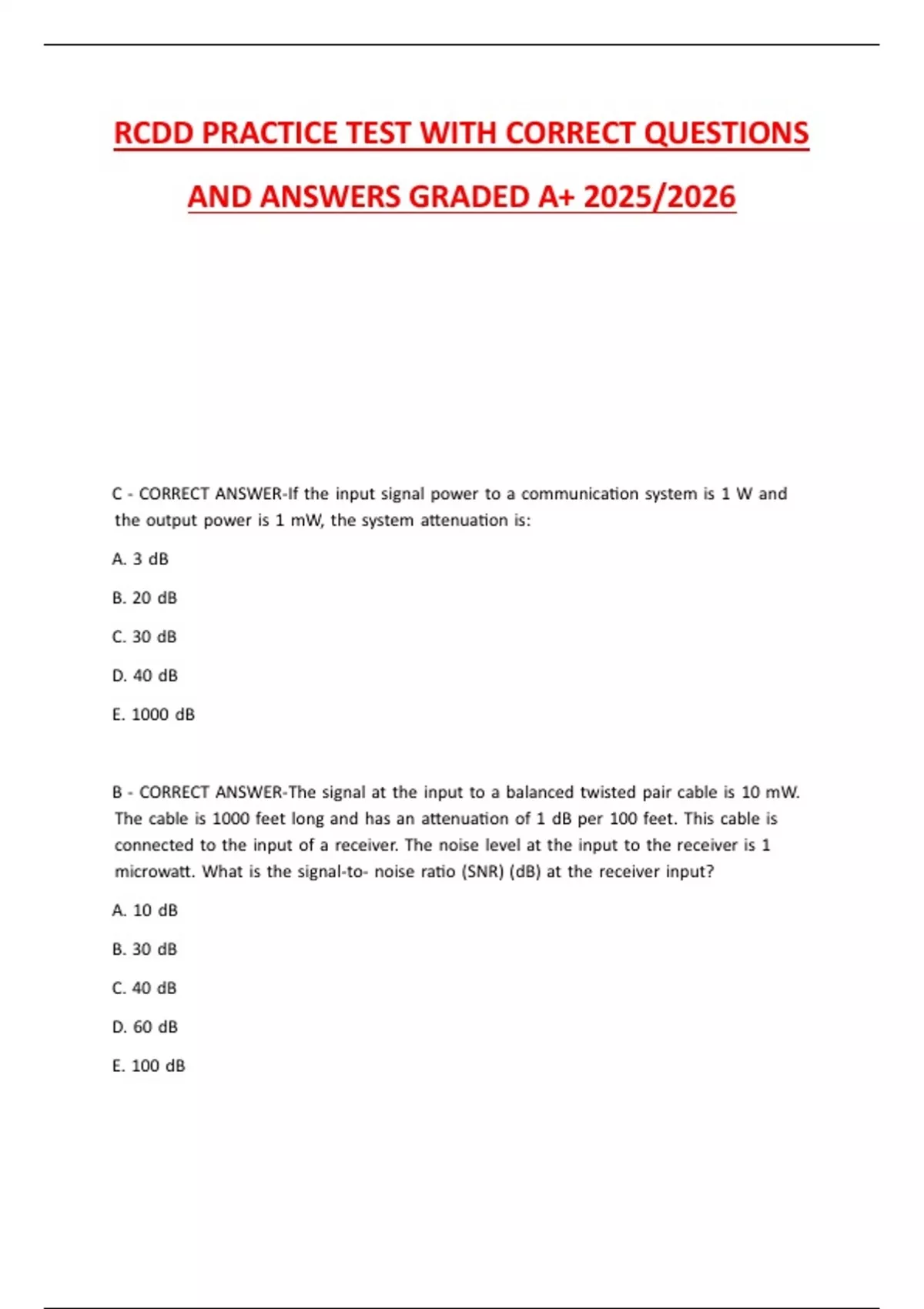 RCDD PRACTICE TEST WITH CORRECT QUESTIONS AND ANSWERS GRADED A+ 2025/ ...