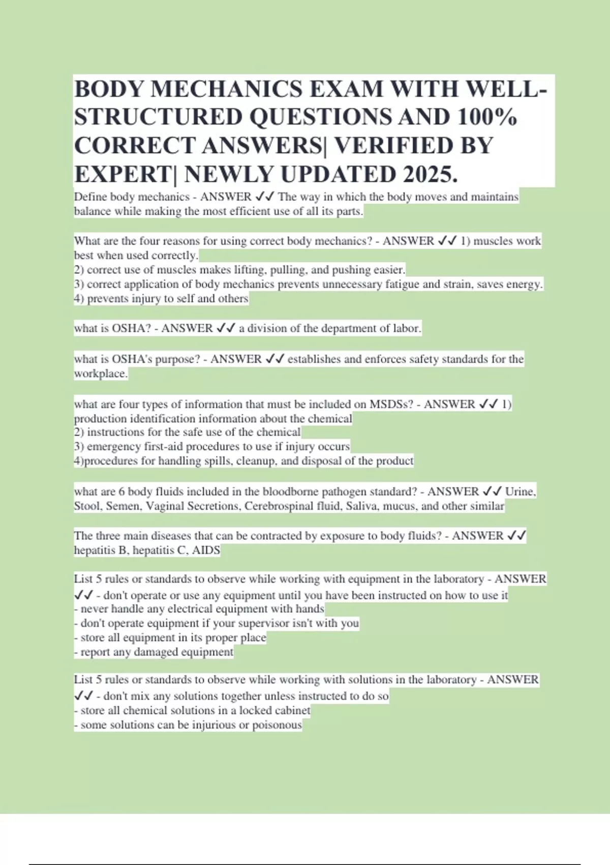 BODY MECHANICS EXAM WITH WELL-STRUCTURED QUESTIONS AND 100% CORRECT ...