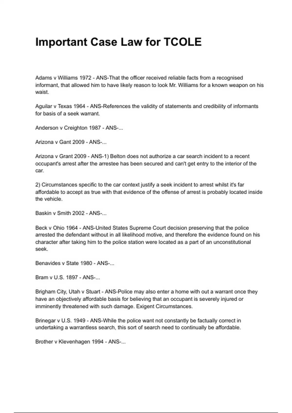 Important Case Law for TCOLE NEWEST 2025/2026 ACTUAL COMPLETE QUESTIONS ...