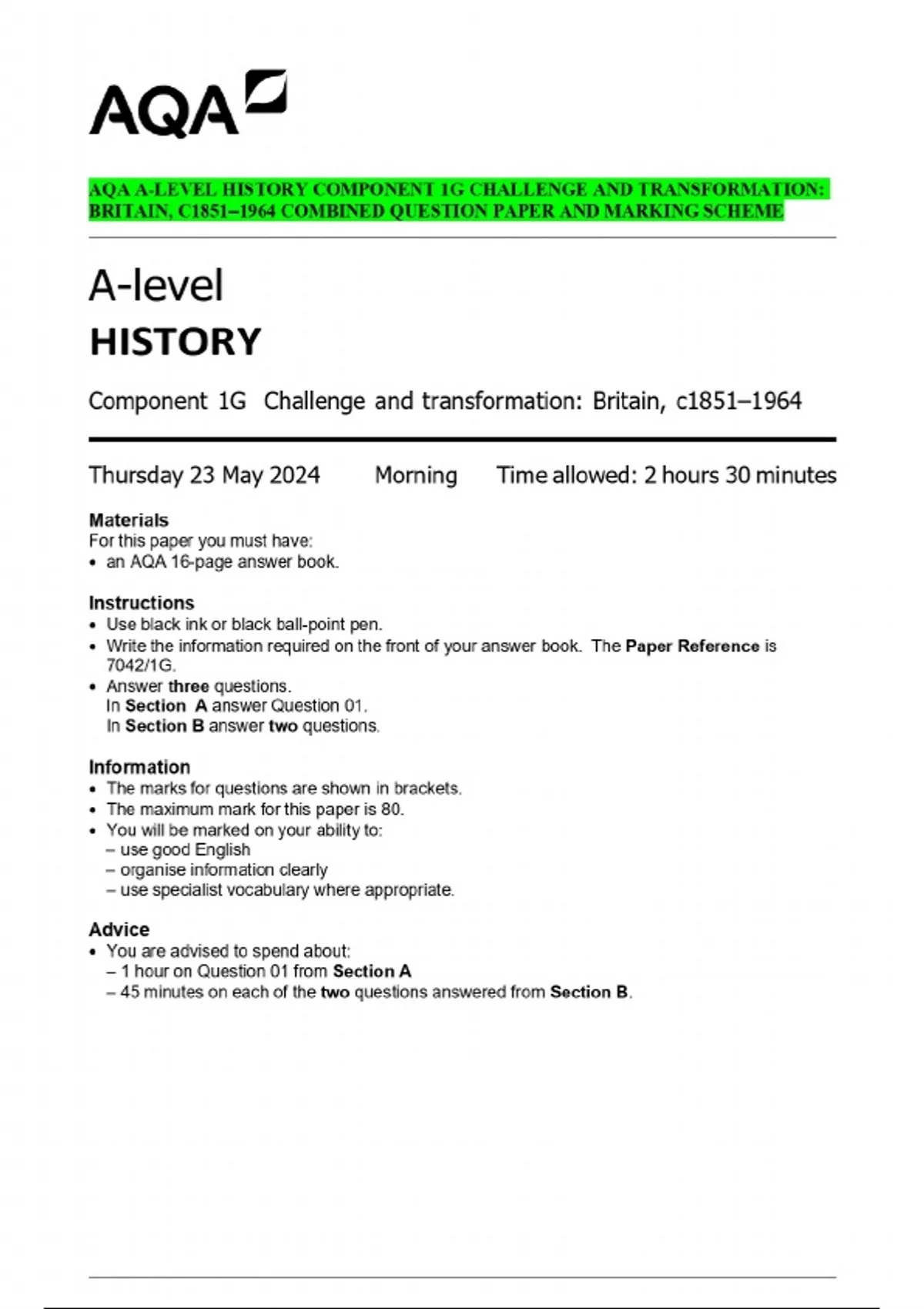 AQA A-LEVEL HISTORY COMPONENT 1G CHALLENGE AND TRANSFORMATION: BRITAIN ...