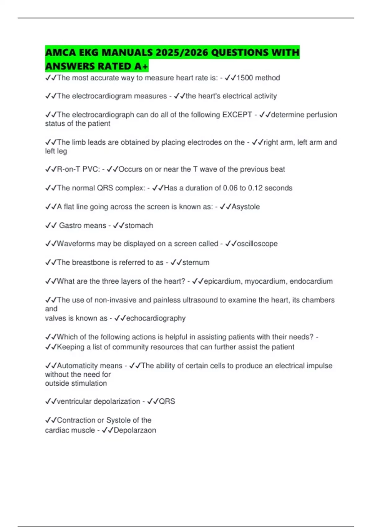 AMCA EKG MANUALS 2025/2026 QUESTIONS WITH ANSWERS RATED A+ - AMCA EKG ...