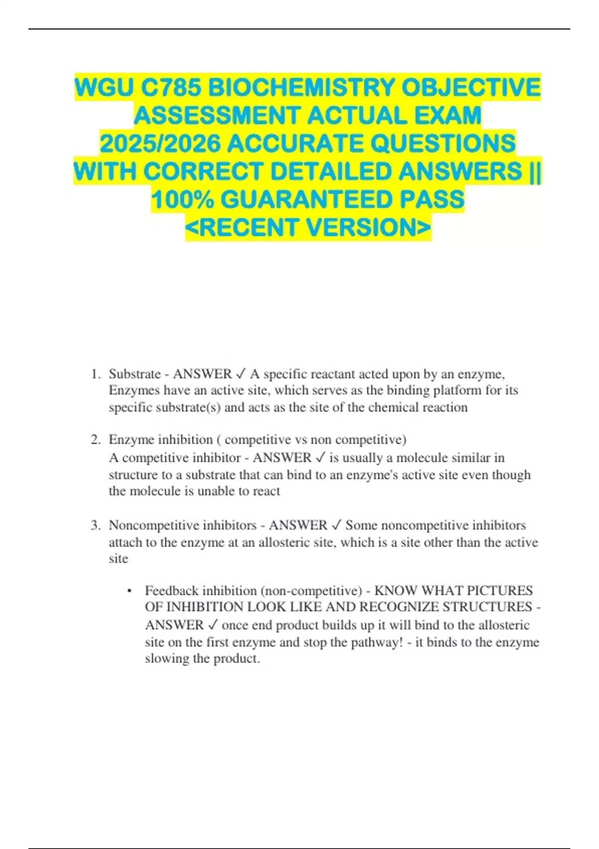 WGU C785 BIOCHEMISTRY OBJECTIVE ASSESSMENT ACTUAL EXAM 2025/2026 ...