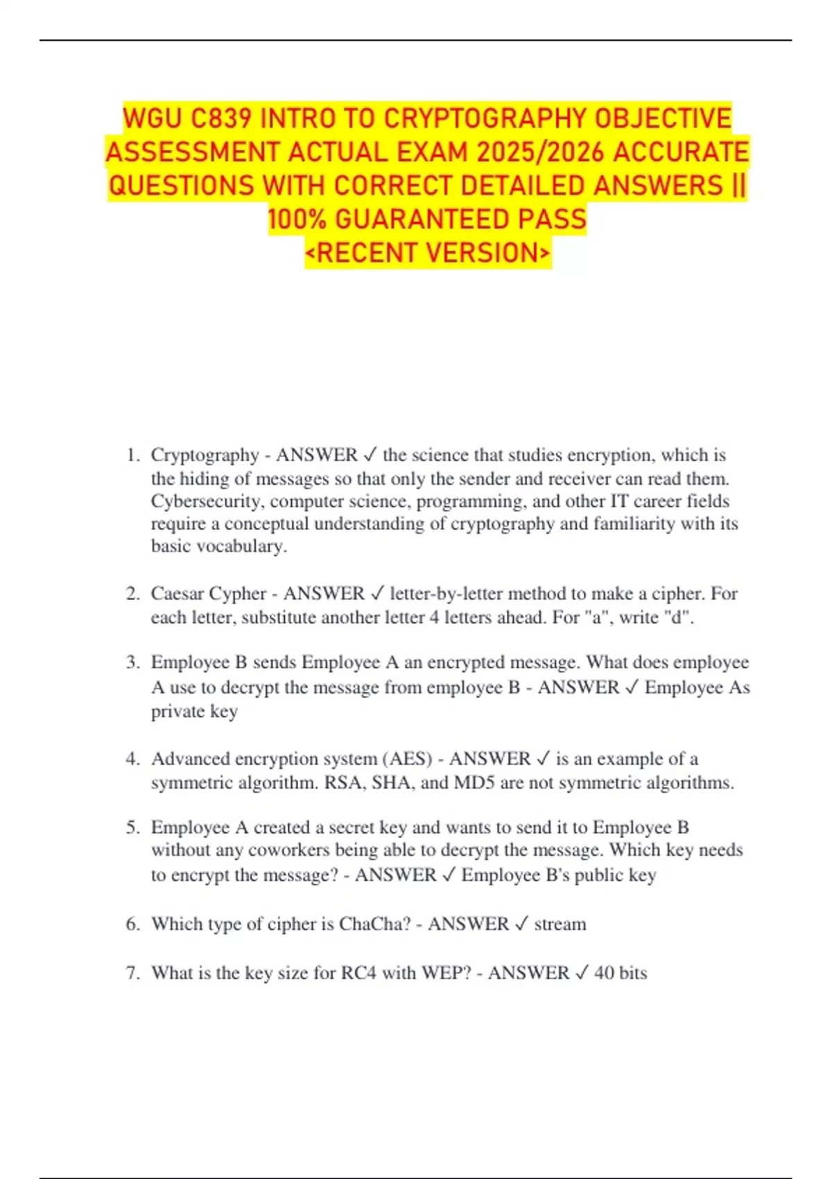 WGU C839 INTRO TO CRYPTOGRAPHY OBJECTIVE ASSESSMENT ACTUAL EXAM 2025/2026 ACCURATE QUESTIONS ...