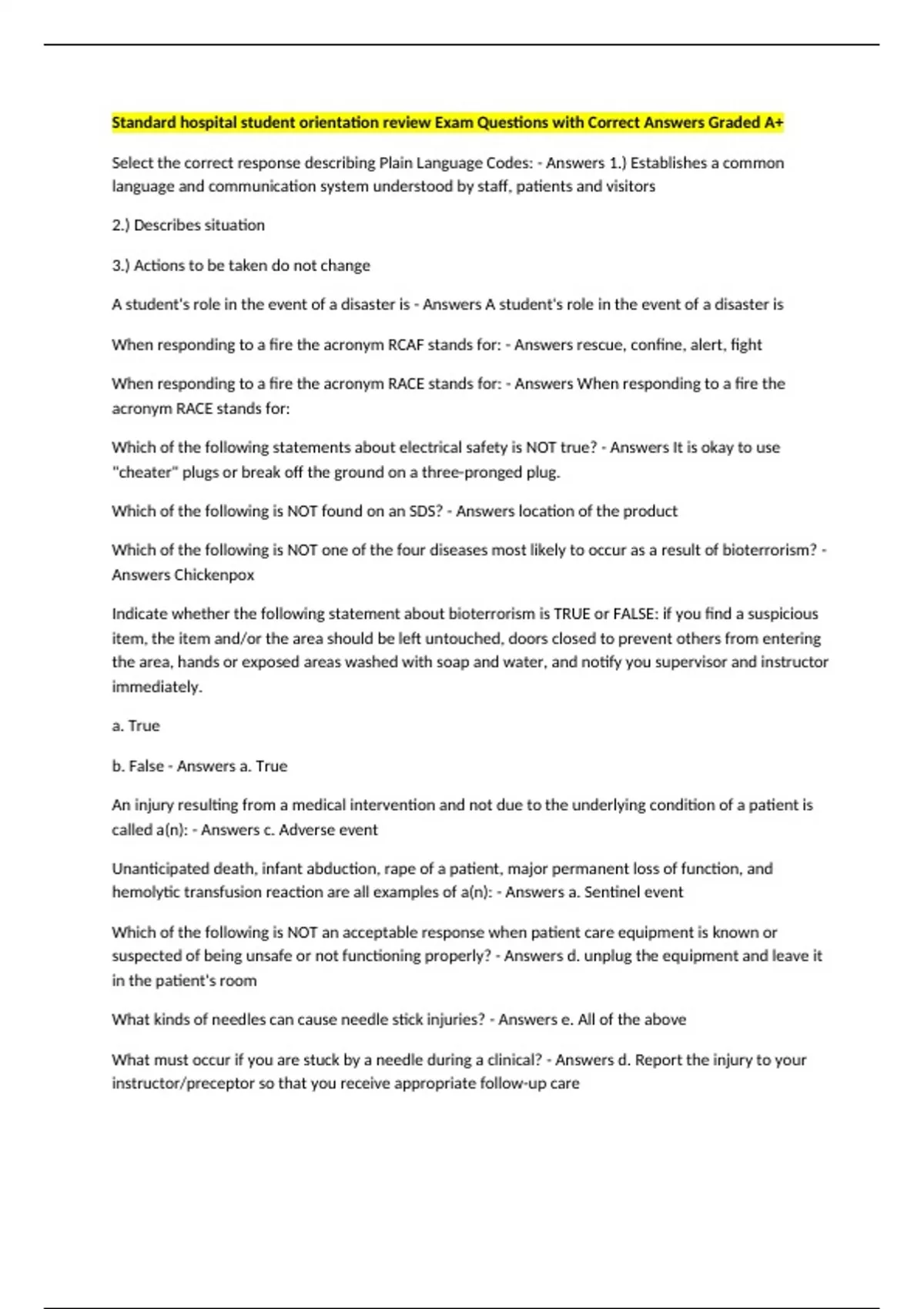 Standard hospital student orientation review Exam Questions with ...