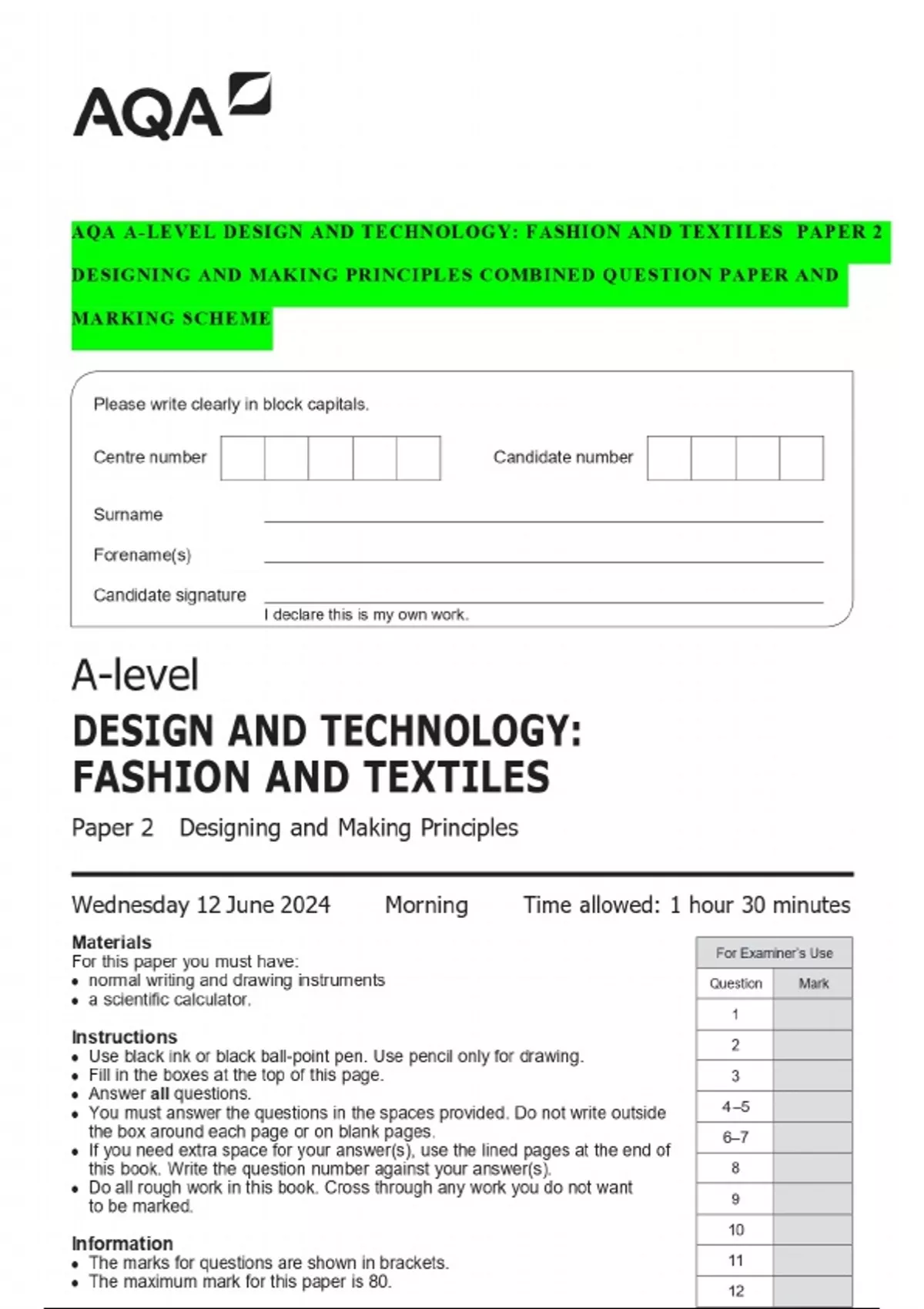 AQA A-LEVEL DESIGN AND TECHNOLOGY: FASHION AND TEXTILES PAPER 2 ...