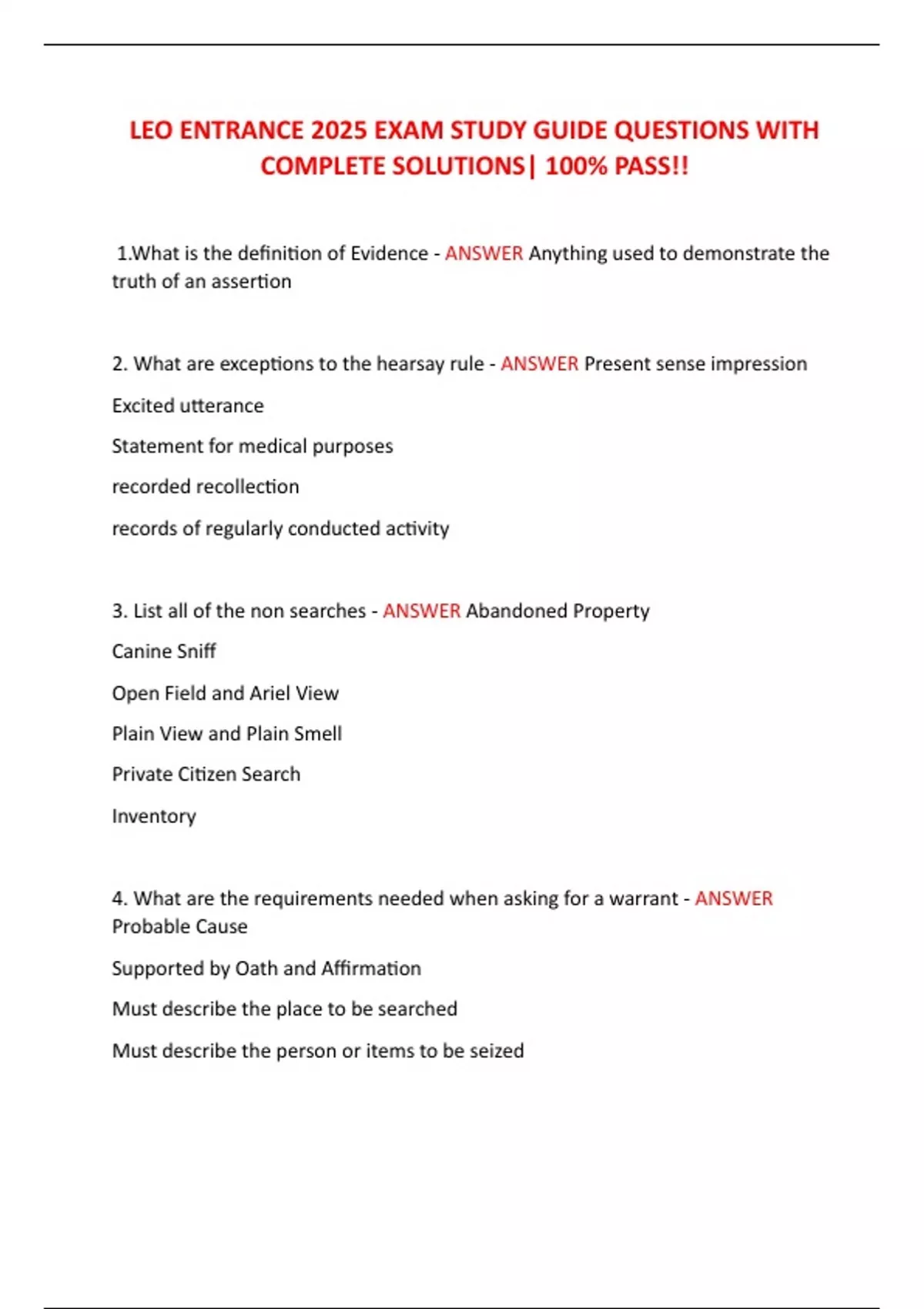 LEO ENTRANCE 2025 EXAM STUDY GUIDE QUESTIONS WITH COMPLETE SOLUTIONS ...