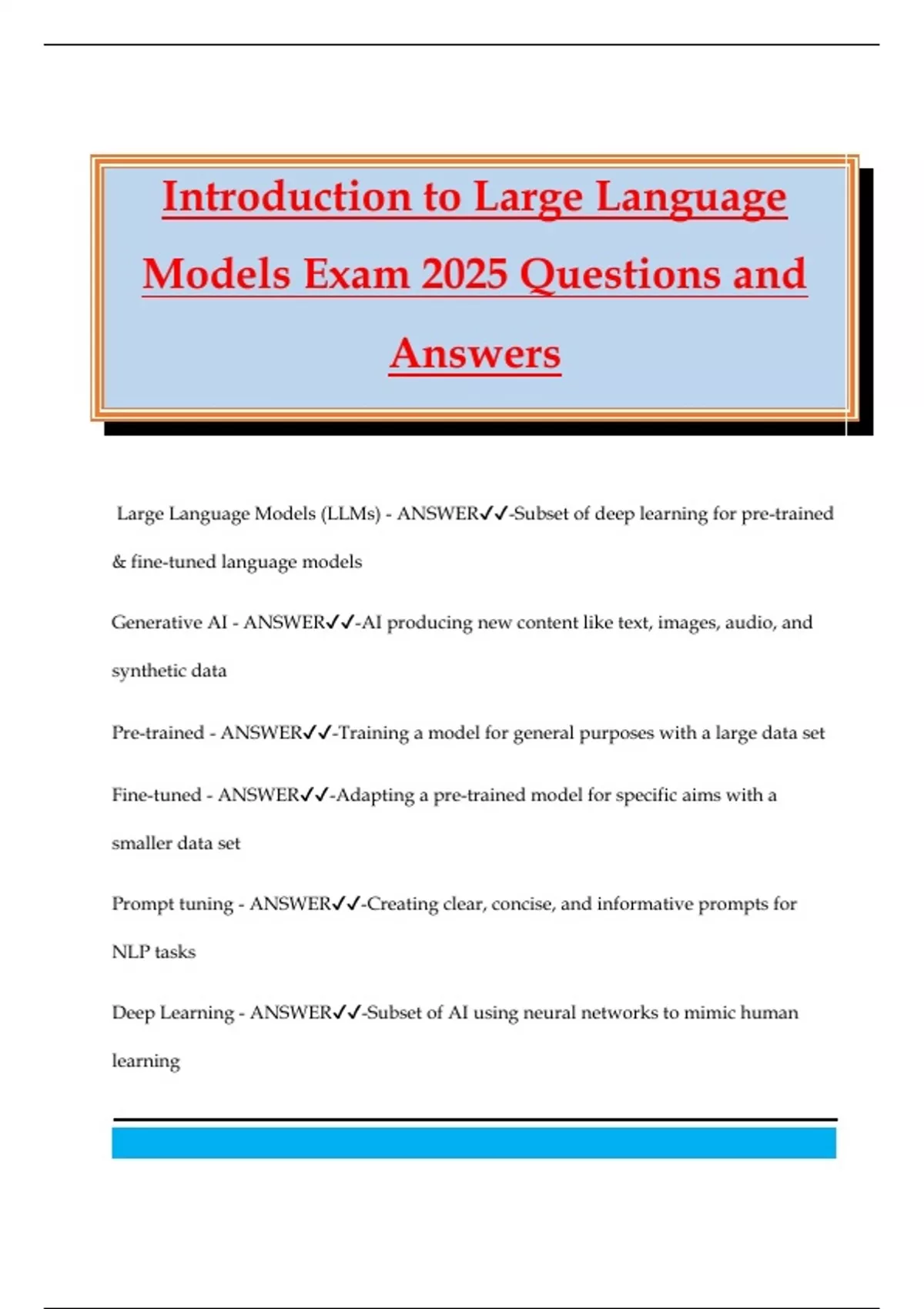 Introduction to Large Language Models Exam 2025 Questions and Answers ...