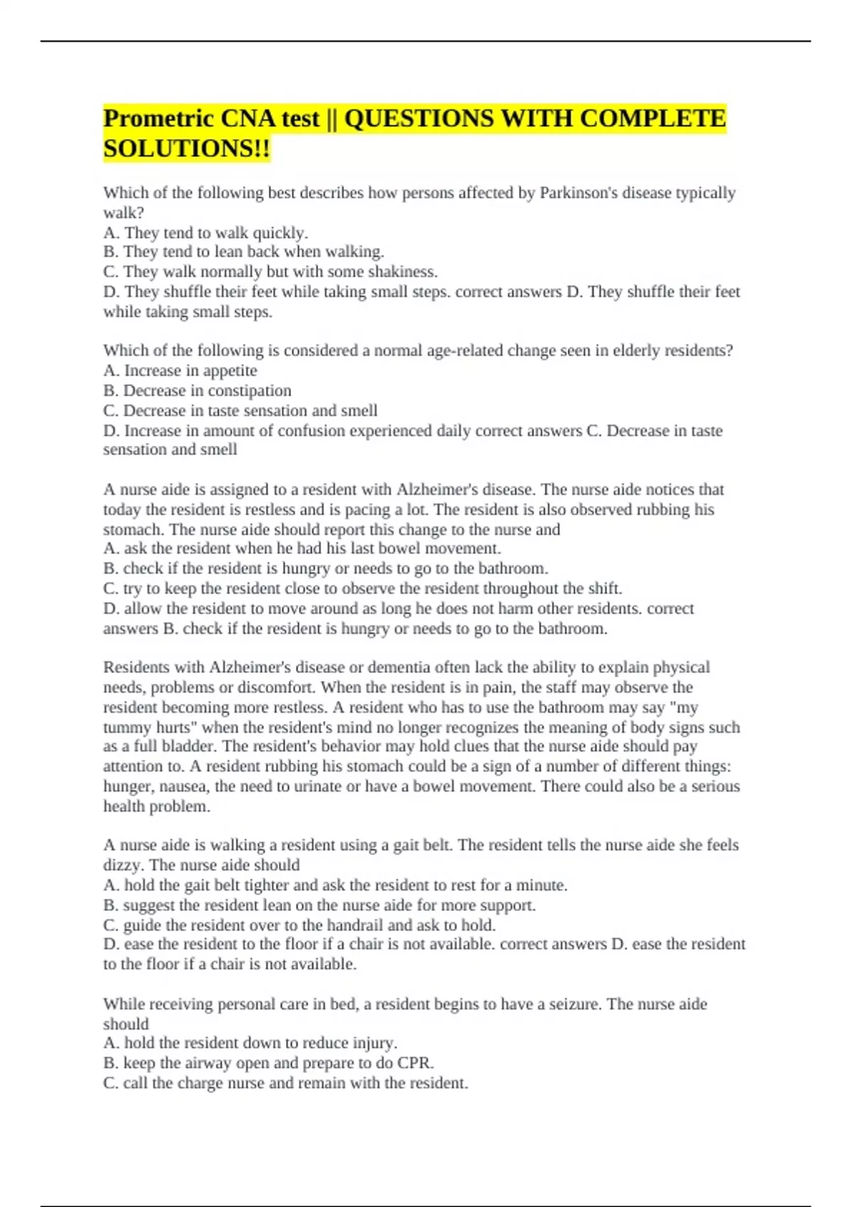 Prometric CNA Test – Verified Practice Questions with Complete Answer ...