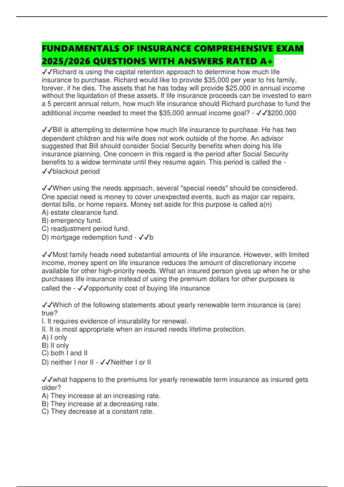 FUNDAMENTALS OF INSURANCE COMPREHENSIVE EXAM 2025/2026 QUESTIONS WITH ...