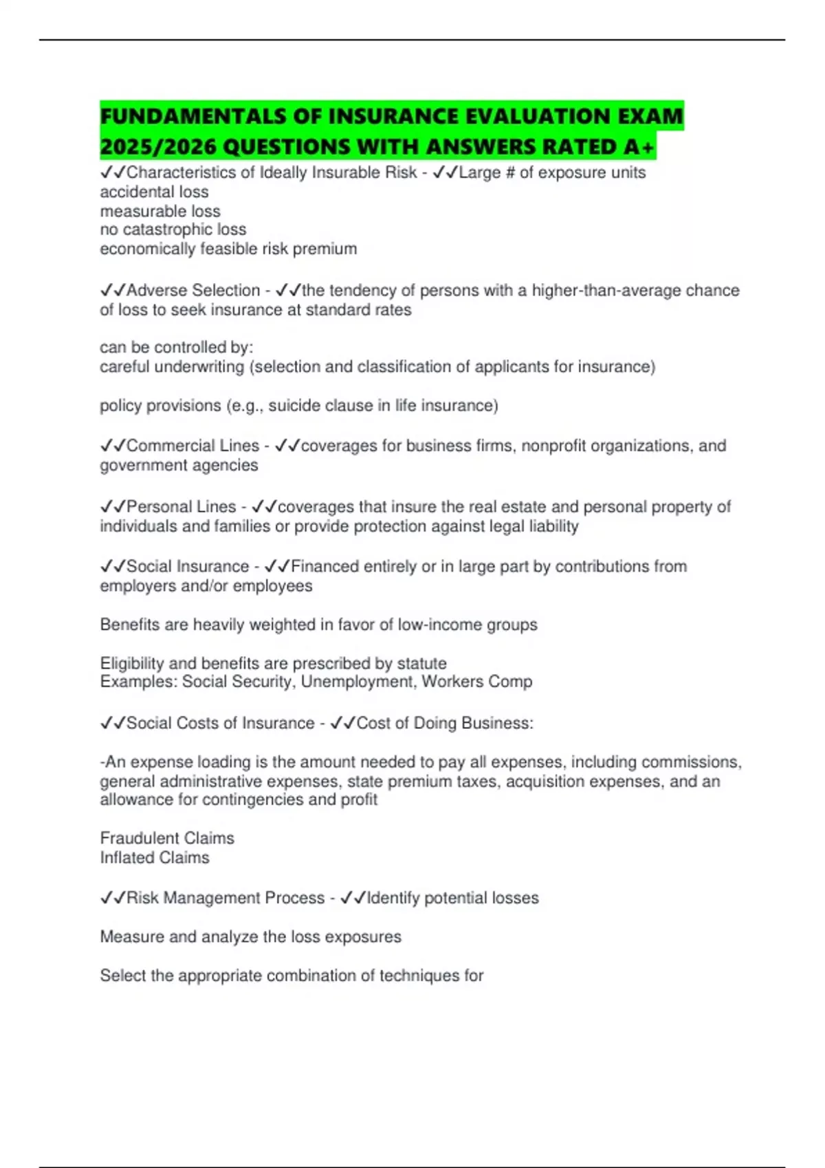 FUNDAMENTALS OF INSURANCE EVALUATION EXAM 2025/2026 QUESTIONS WITH ...