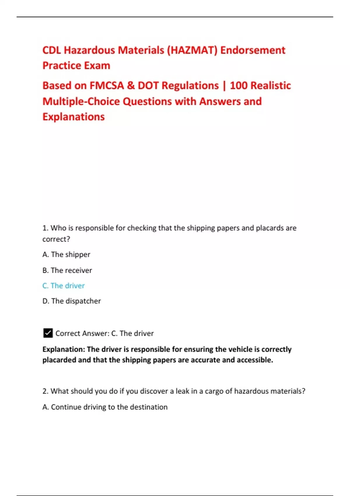 CDL Hazardous Materials (HAZMAT) Endorsement Practice Exam Based on ...