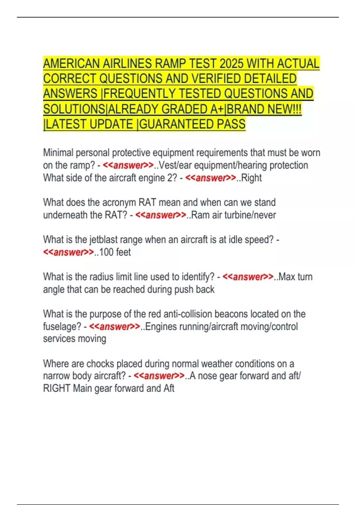 AMERICAN AIRLINES RAMP TEST 2025 WITH ACTUAL CORRECT QUESTIONS AND ...