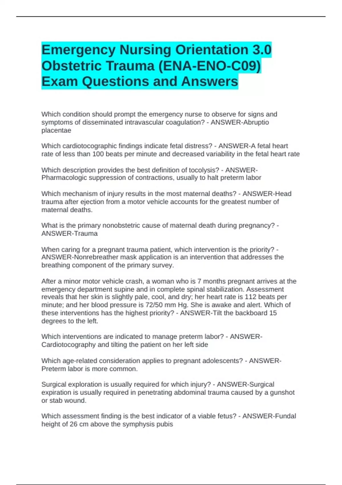 Emergency Nursing Orientation 3.0 Obstetric Trauma (ENA-ENO-C09) Exam ...