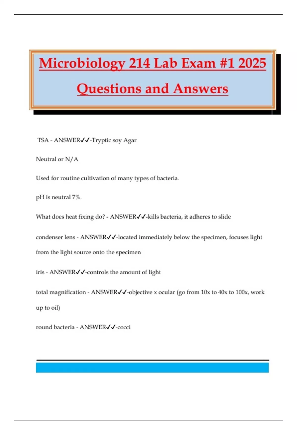 Microbiology 214 Lab Exam #1 2025 Questions and Answers - Microbiology 214 - Stuvia US