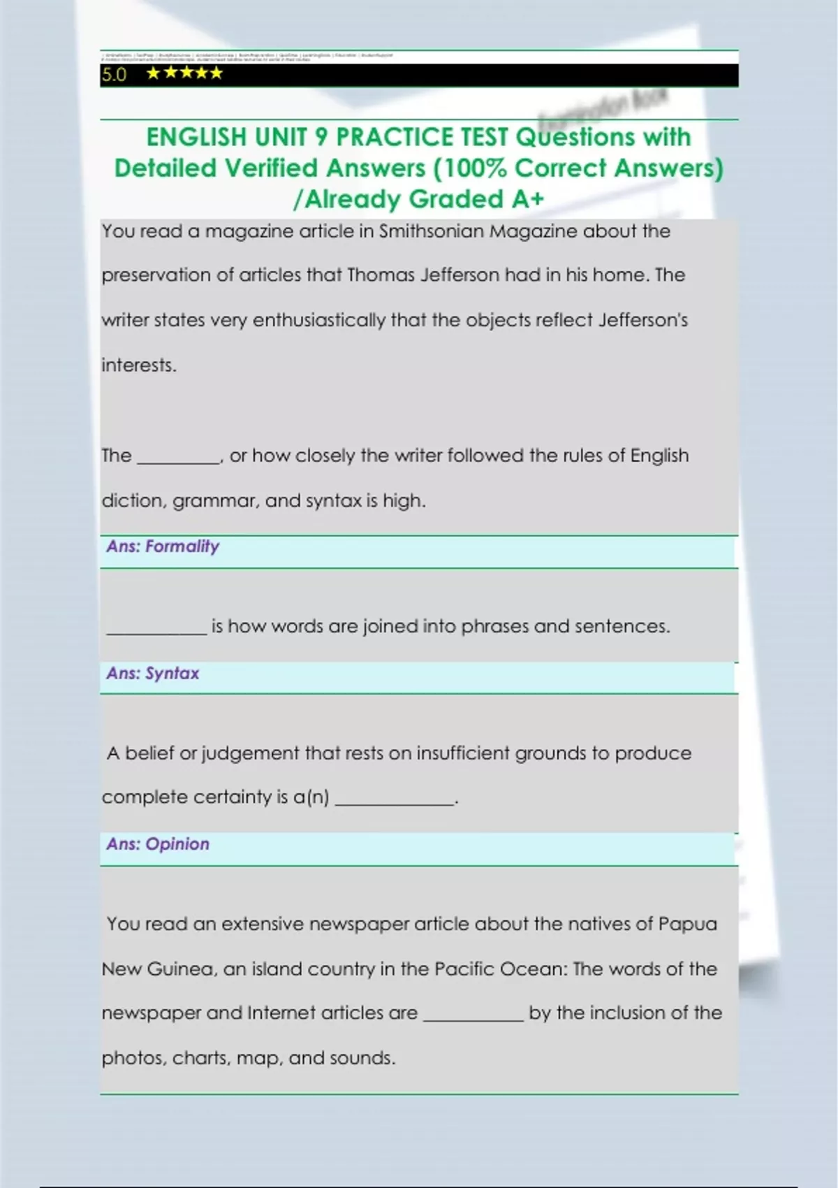 ENGLISH UNIT 9 PRACTICE TEST Questions with Detailed Verified Answers ...