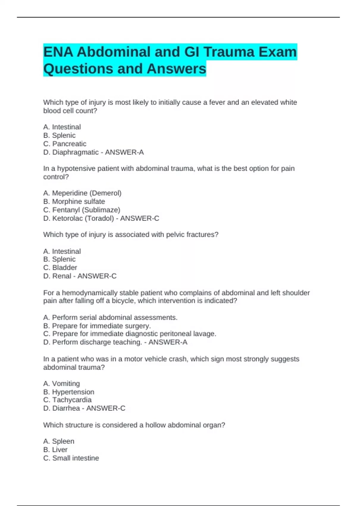 ENA Abdominal and GI Trauma Exam Questions and Answers - ENA - Stuvia US