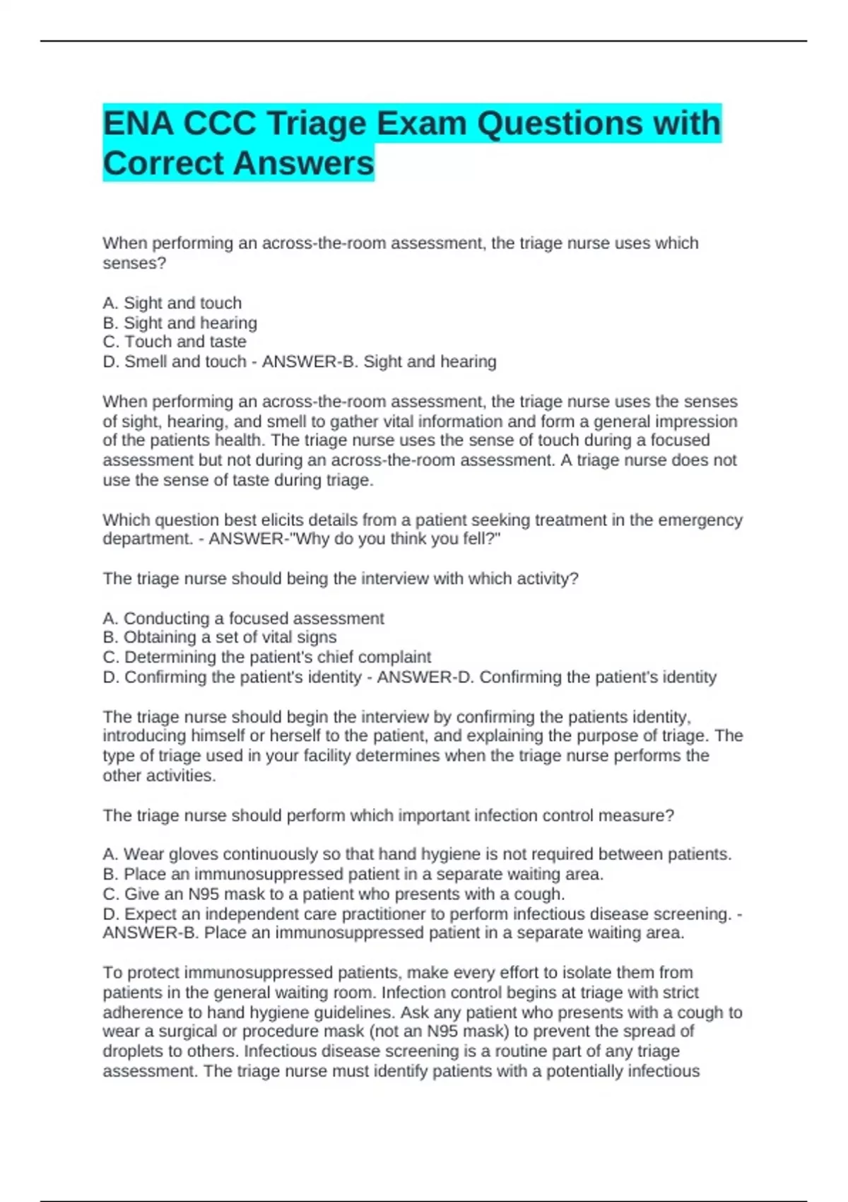 ENA CCC Triage Exam Questions with Correct Answers - ENA - Stuvia US