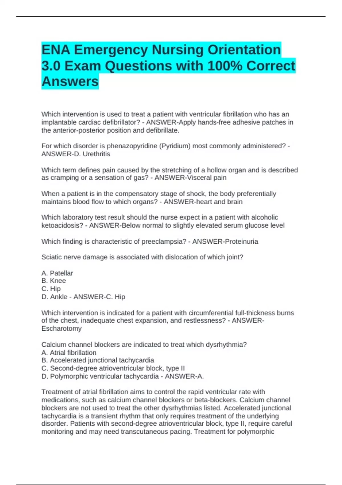 ENA Emergency Nursing Orientation 3.0 Exam Questions with 100% Correct ...