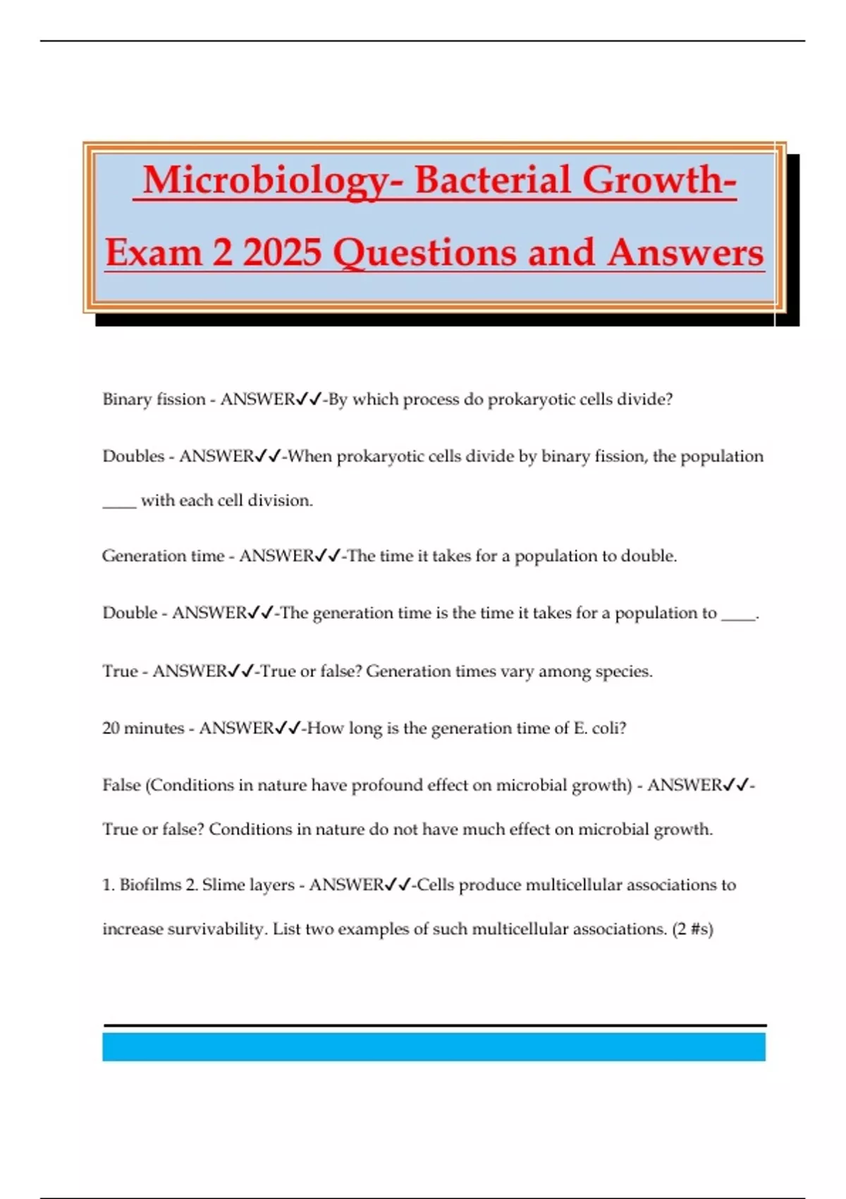 Microbiology- Bacterial Growth- Exam 2 2025 Questions and Answers ...