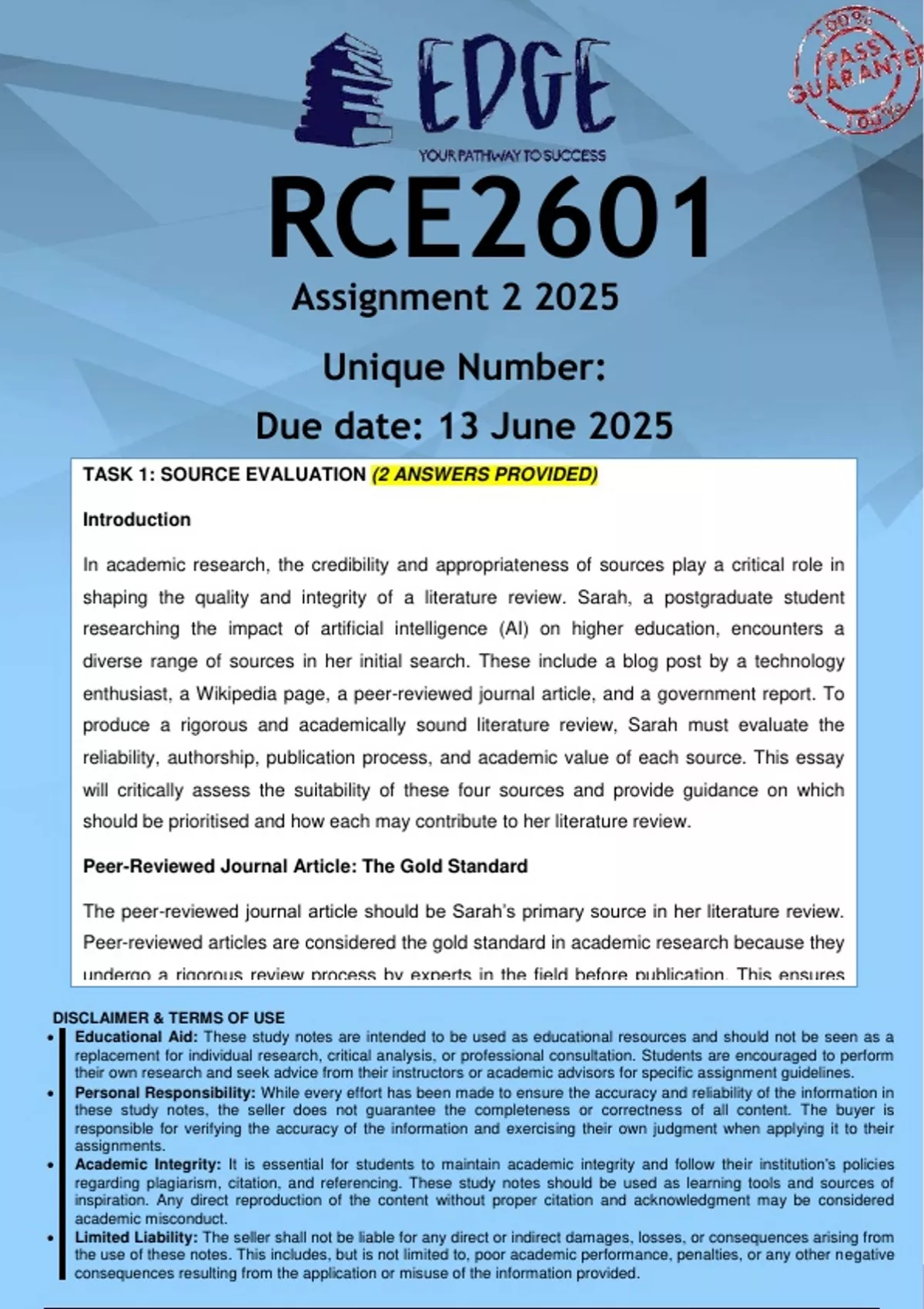 RCE2601 Assignment 2 (ANSWERS) 2025 - DISTINCTION GUARANTEED - Research and Critical reason ...