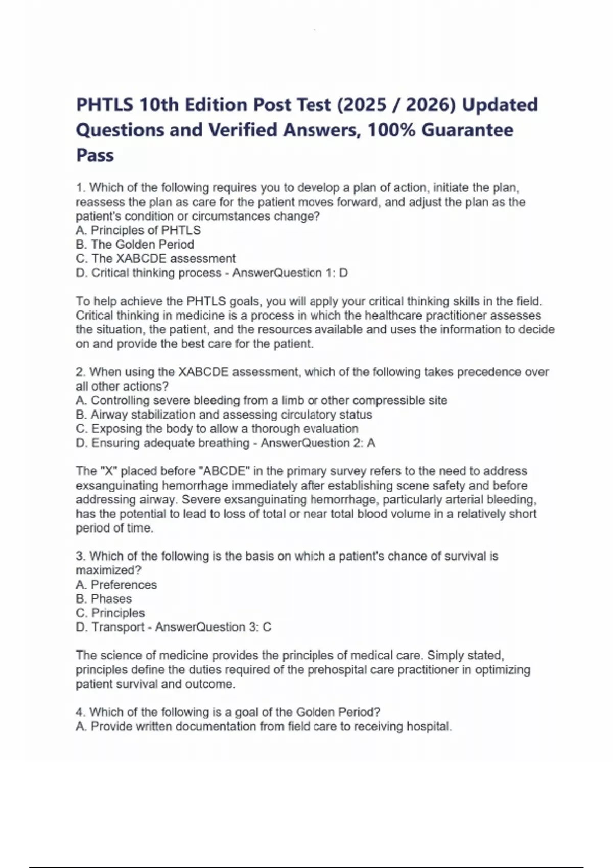 PHTLS 10th Edition Post Test (2025 / 2026) Updated Questions and ...