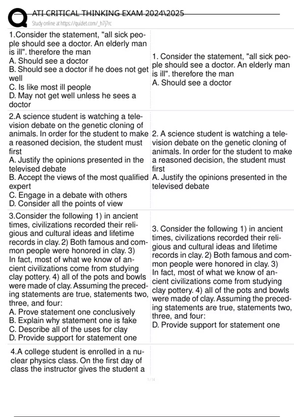 ATI CRITICAL THINKING EXAM - ATI Critical Thinking - Stuvia US