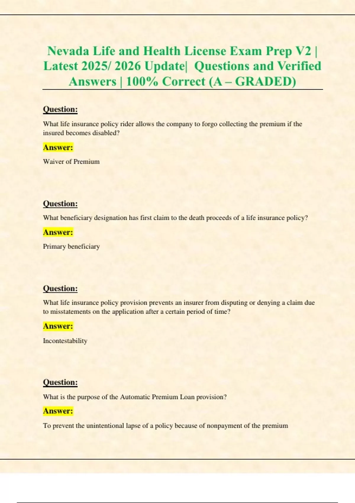 Nevada Life and Health License Exam Prep V2 | Latest 2025/ 2026 Update ...