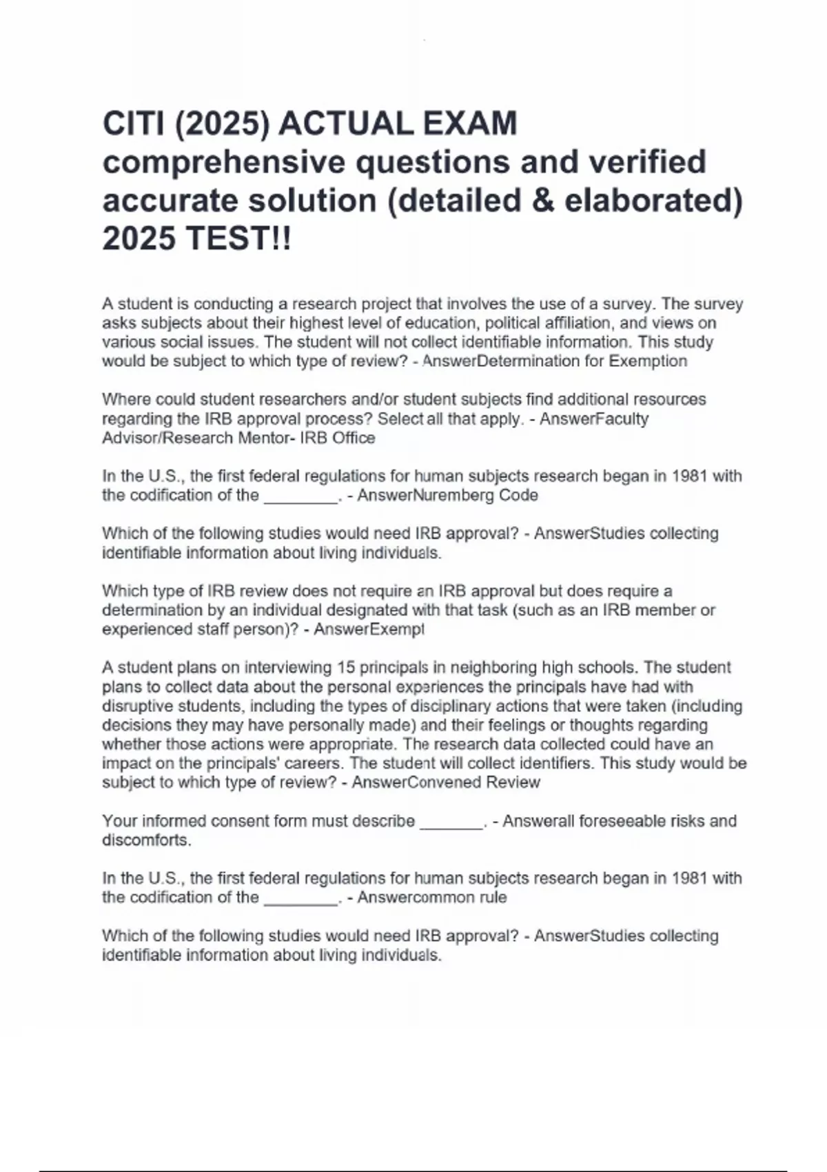 CITI (2025) ACTUAL EXAM comprehensive questions and verified accurate ...