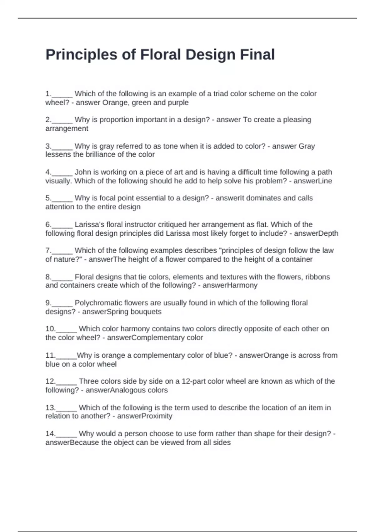 Principles of Floral Design Final Questions with Solutions - Floral ...