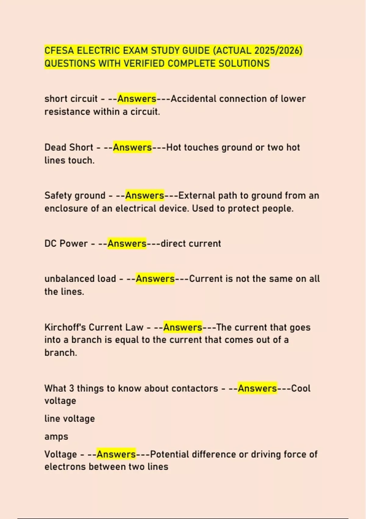 CFESA ELECTRIC EXAM STUDY GUIDE (ACTUAL 2025/2026) QUESTIONS WITH ...