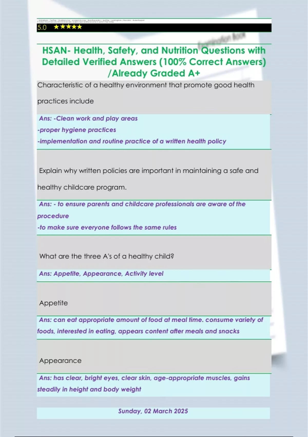 HSAN- Health, Safety, and Nutrition Questions with Detailed Verified Answers (100% Correct ...