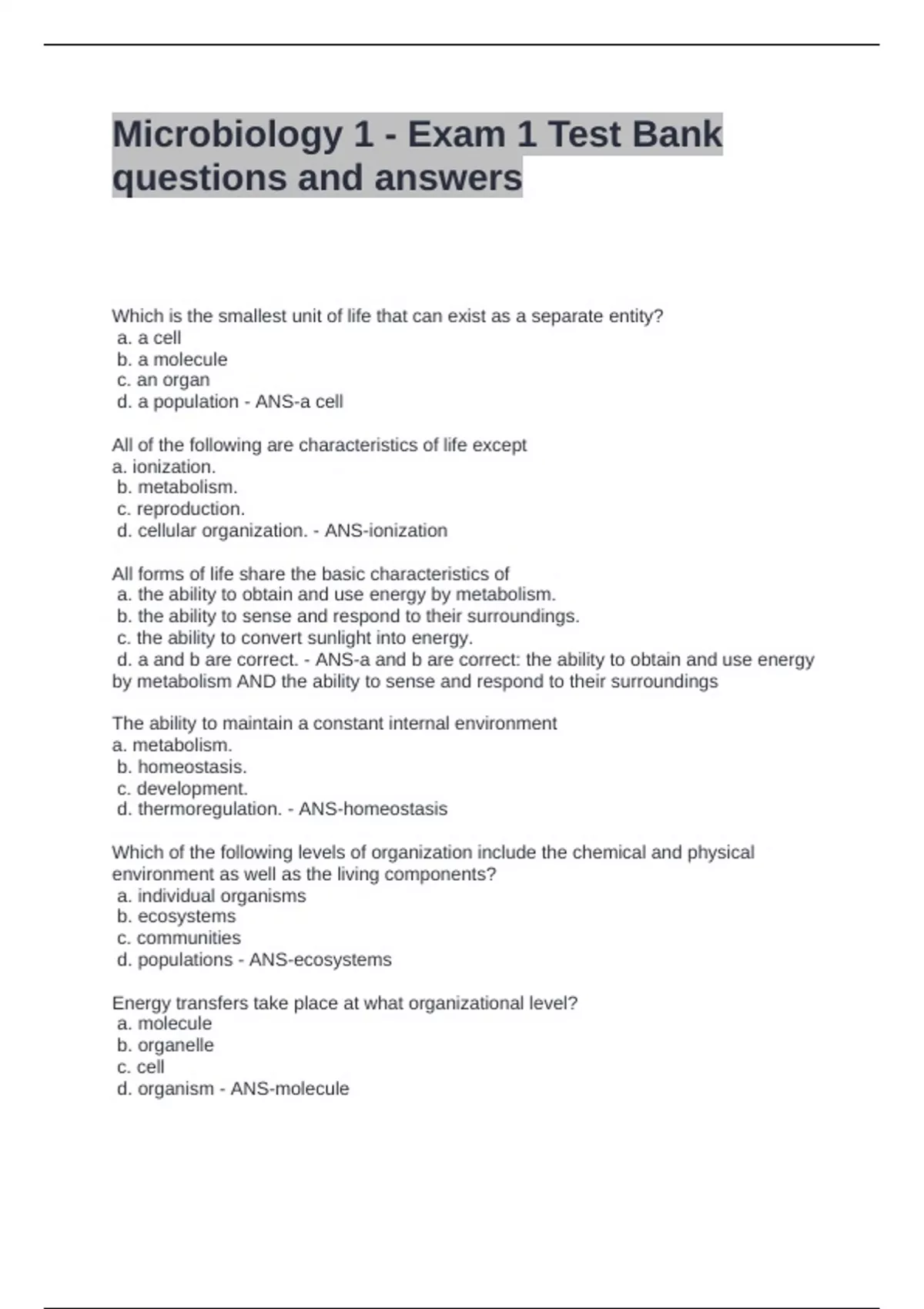 Microbiology 1 - Exam 1 Test Bank questions and answers - Microbiology ...