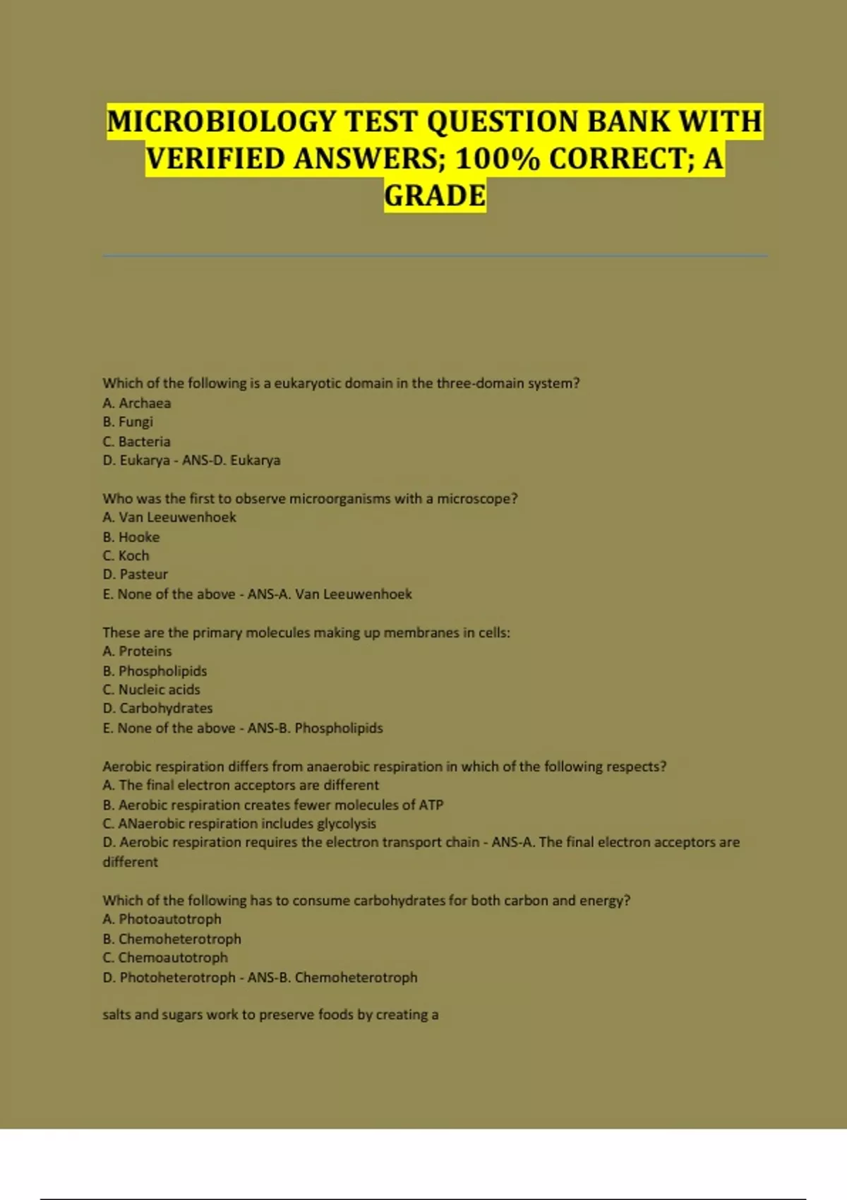 MICROBIOLOGY TEST QUESTION BANK WITH VERIFIED ANSWERS; 100% CORRECT; A ...
