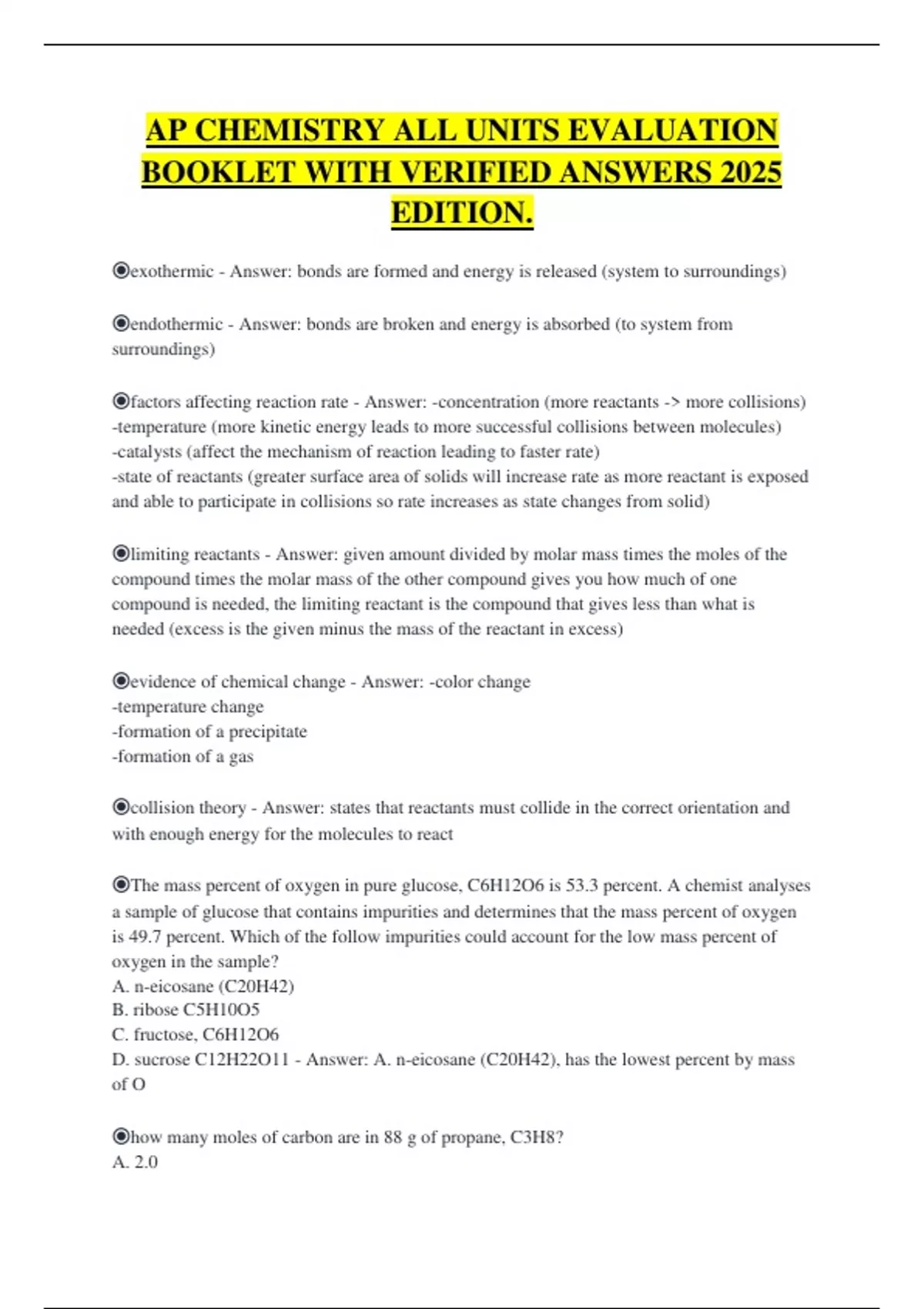 AP CHEMISTRY ALL UNITS EVALUATION BOOKLET WITH VERIFIED ANSWERS 2025 ...
