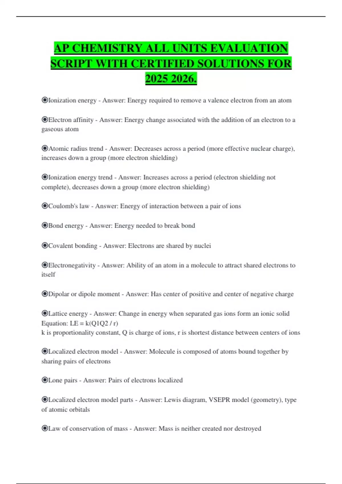 AP CHEMISTRY ALL UNITS EVALUATION SCRIPT WITH CERTIFIED SOLUTIONS FOR ...